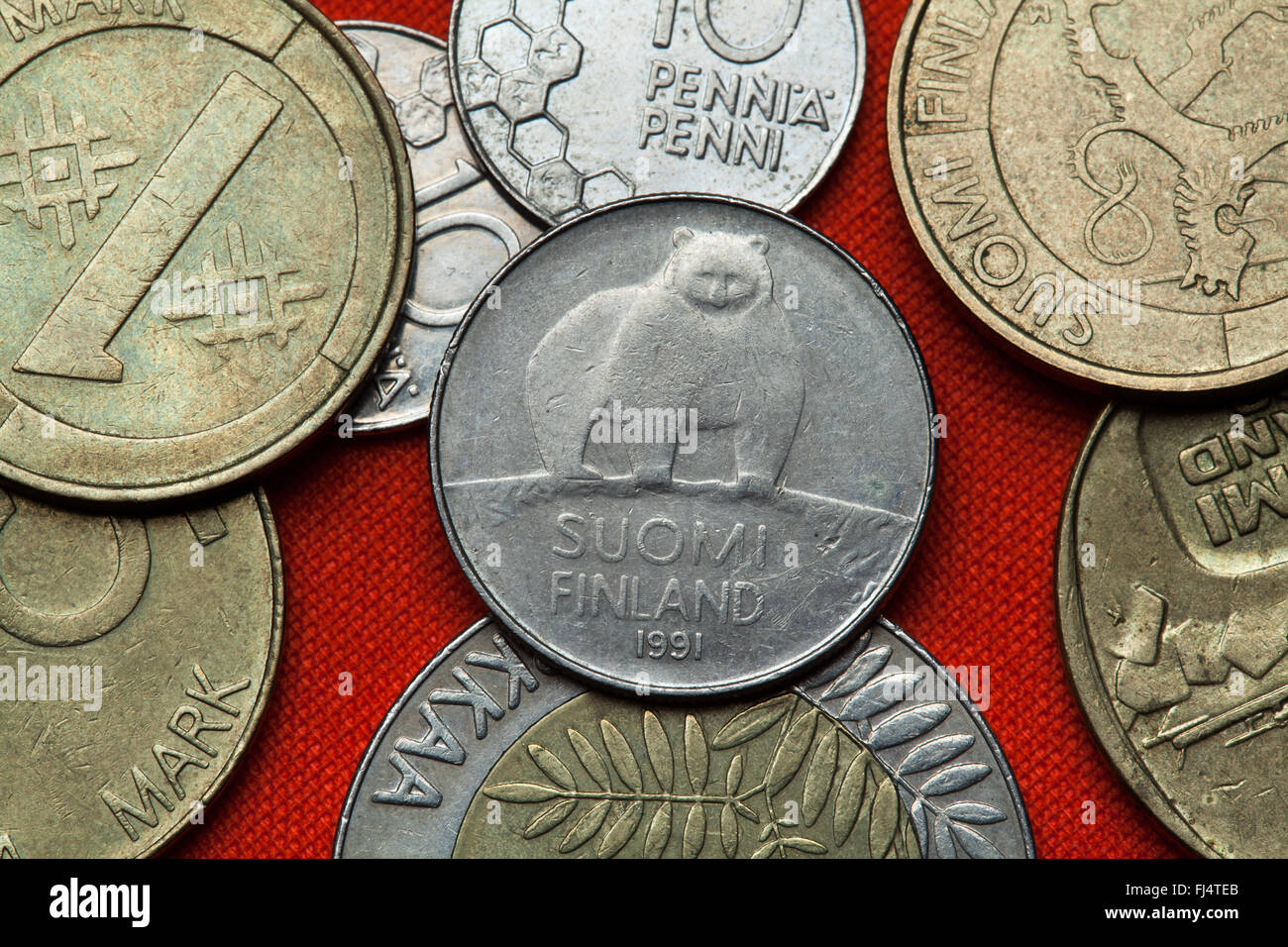 Coins of Finland. Brown bear (Ursus arctos) depicted in the Finnish 50 ...