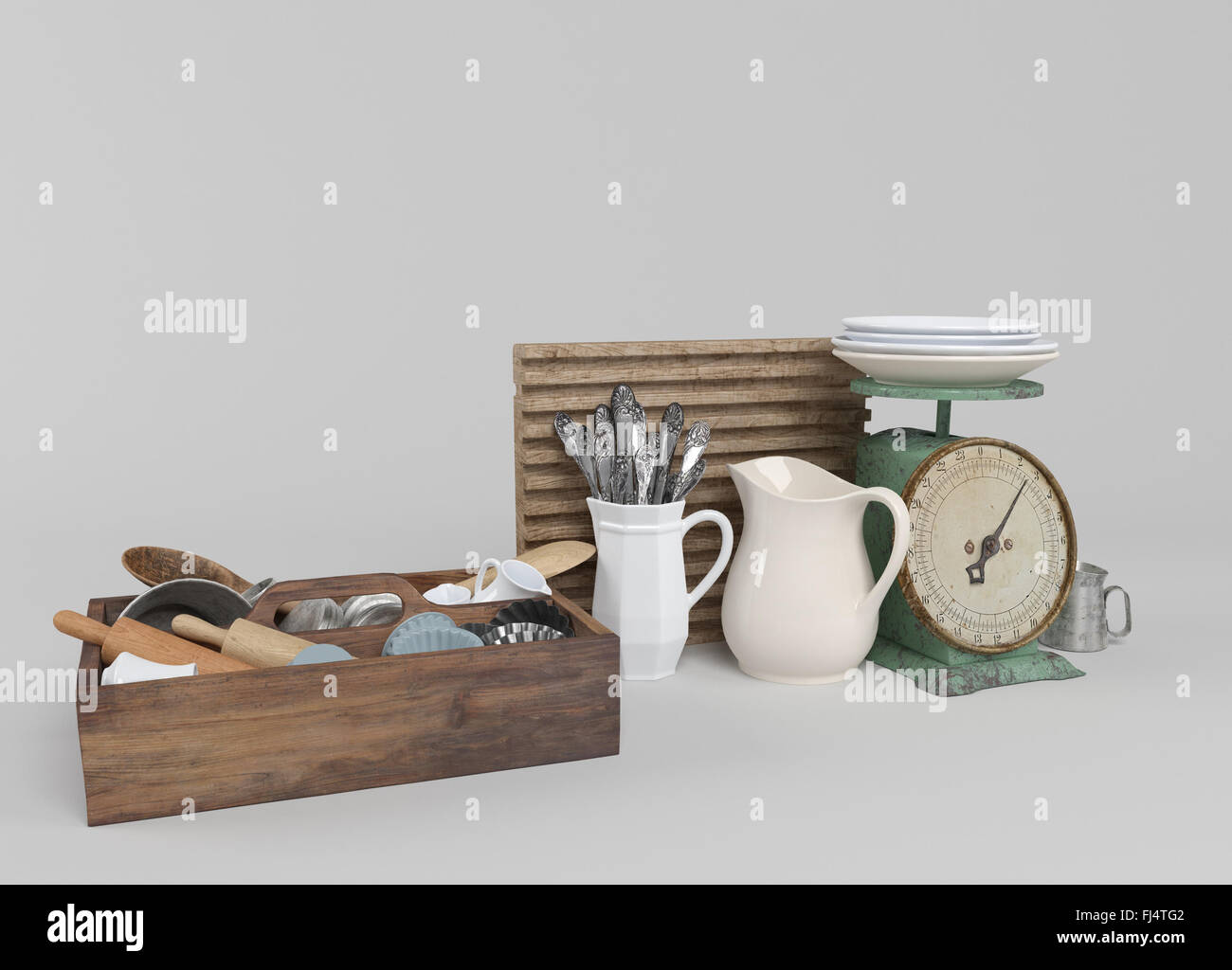 Kitchen tools with wooden cutting board and other kitchen bits and ...