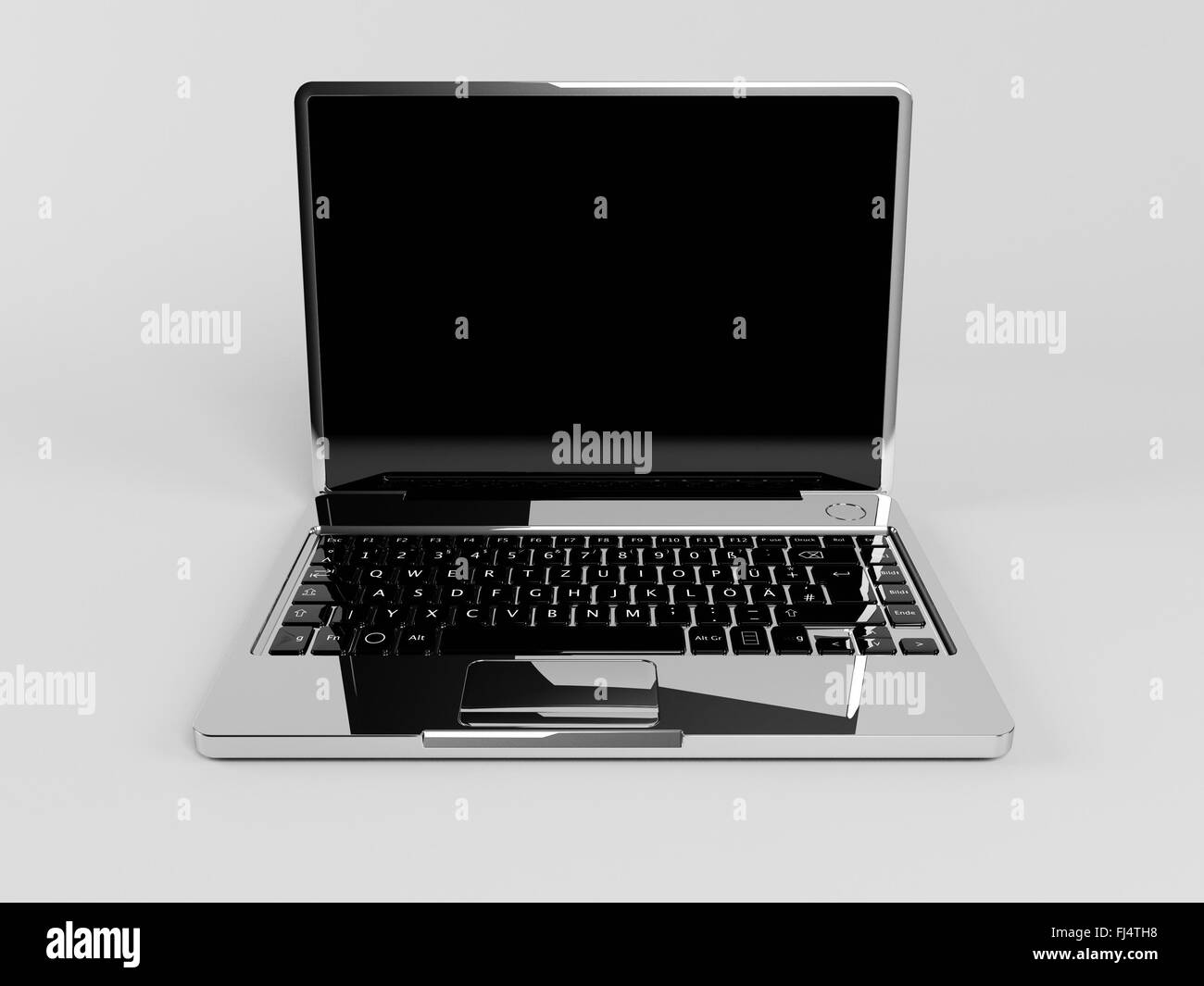 3d laptop with reflection and a black screen inside a white stage full ...