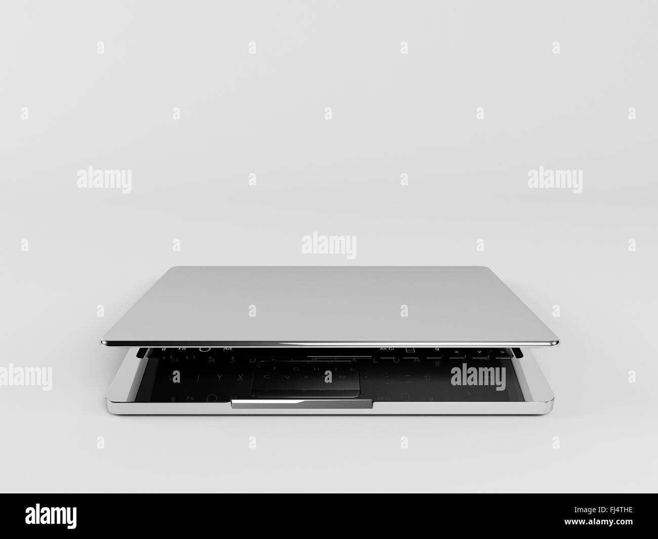 3d laptop with reflection and a black screen inside a white stage ...