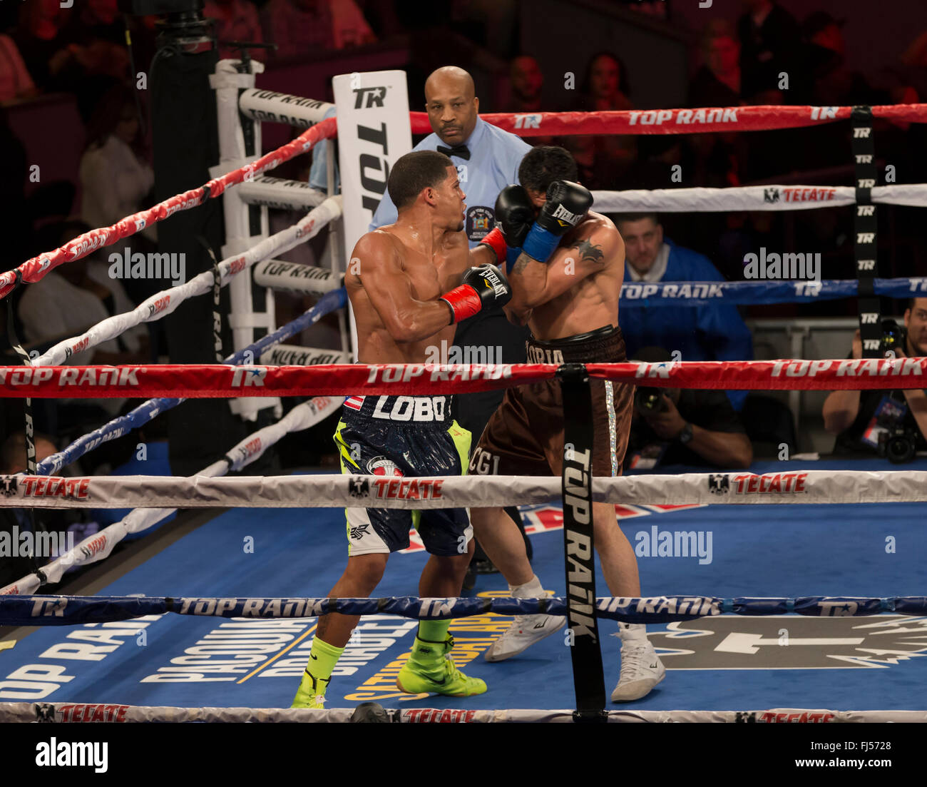New York, NY USA - February 27, 2016: Miguel Gloria (Brown trunks ...