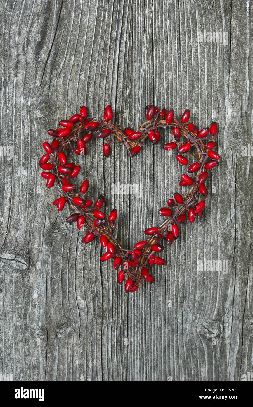 heart-shaped rose-hip crest at a wooden door Stock Photo - Alamy