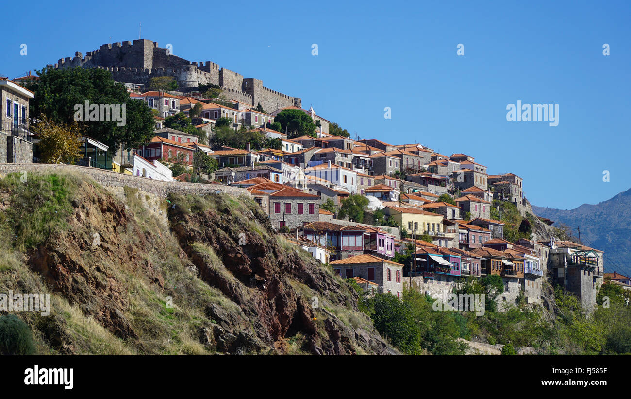 View of Molyvos, Mythimna. Lesvos, Greece. Downtown and old castle ...