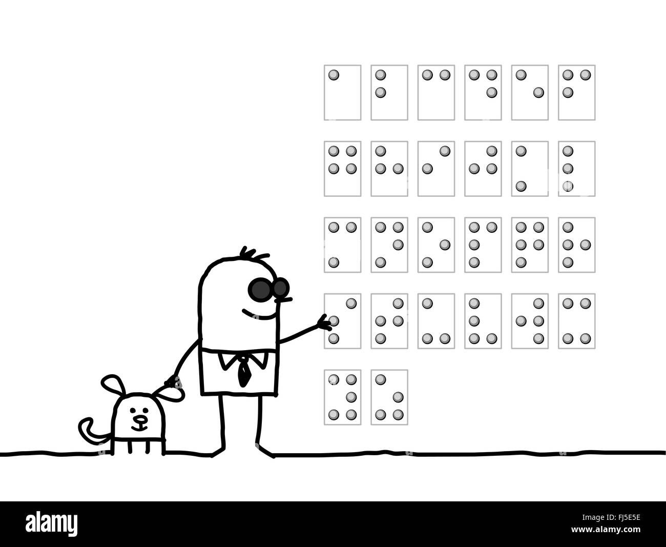 hand drawn cartoon characters - blind man reading Braille alphabet ...