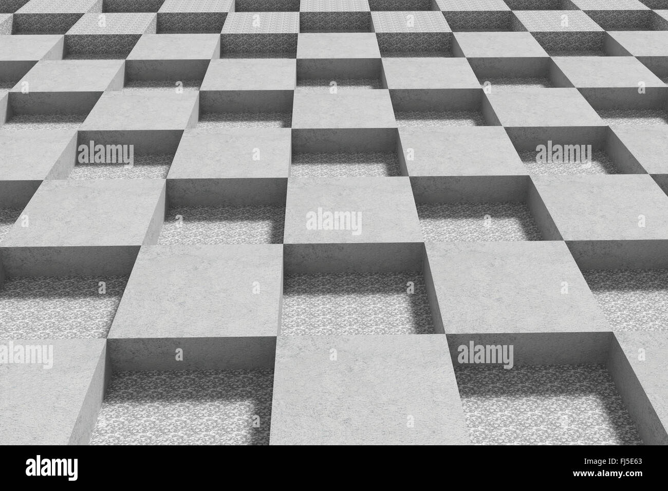 3d renderingl illustration of grey geomertical cubes on silver ...