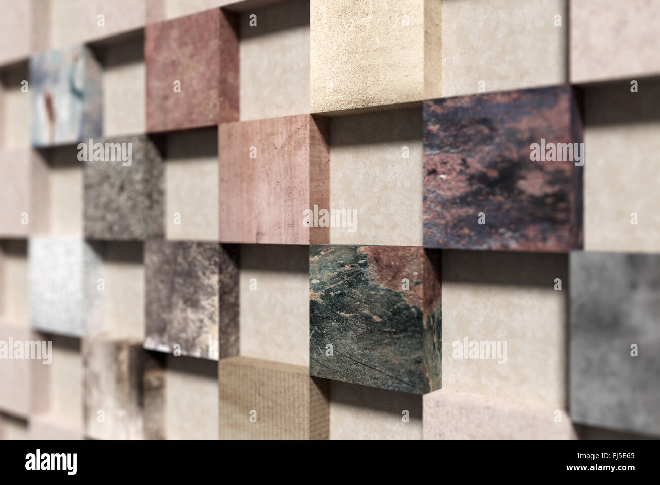 3d rendering of side view on wall made of different square elements ...