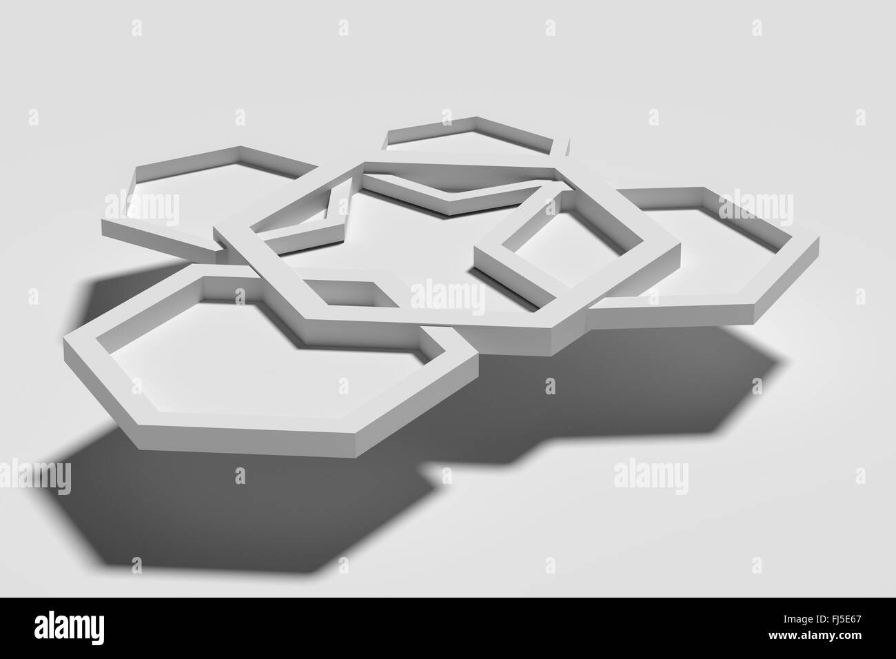 3d rendering of five white three-dimensional hexagons casting shadow on ...