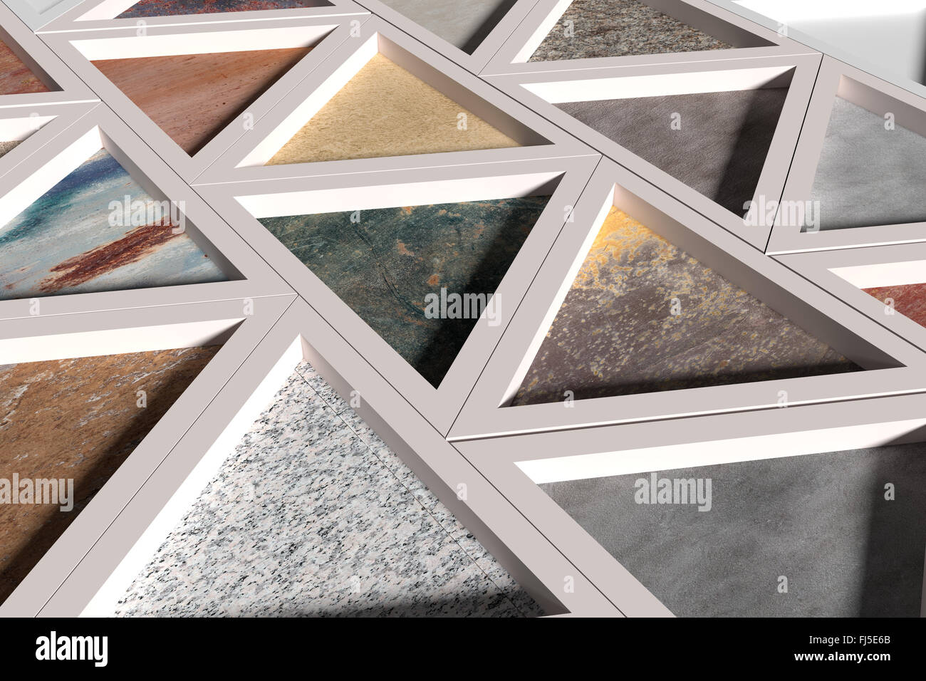3d renderingl wall with triangles of different materials in white ...