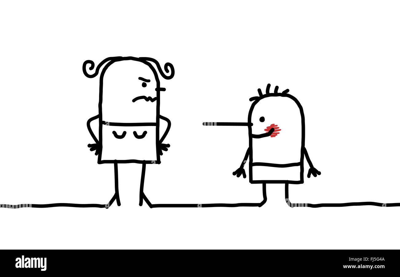 hand drawn cartoon characters - lying kid & mother Stock Photo - Alamy