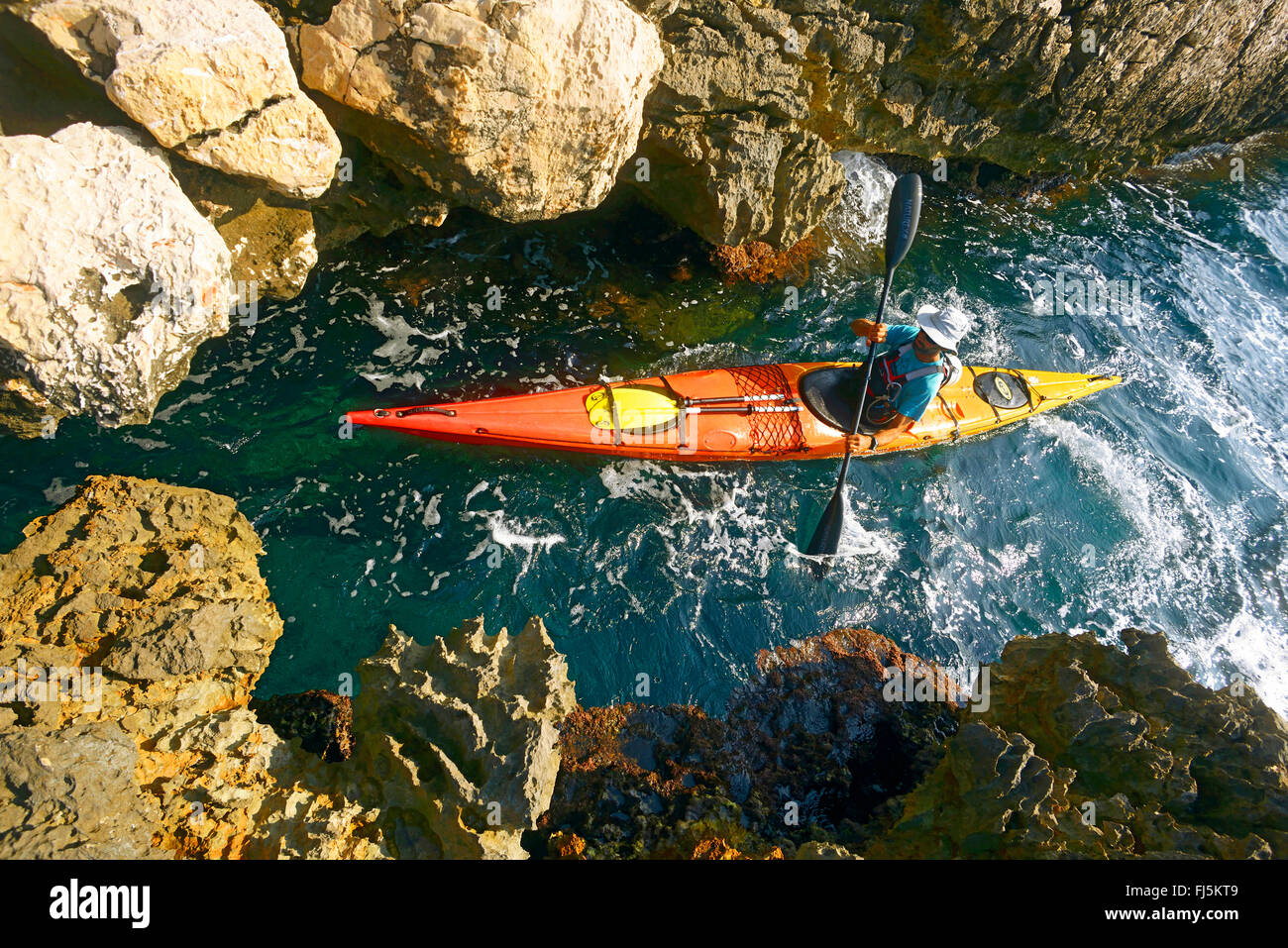 sea kayak near the rocky coast, France, Provence, Calanques National ...