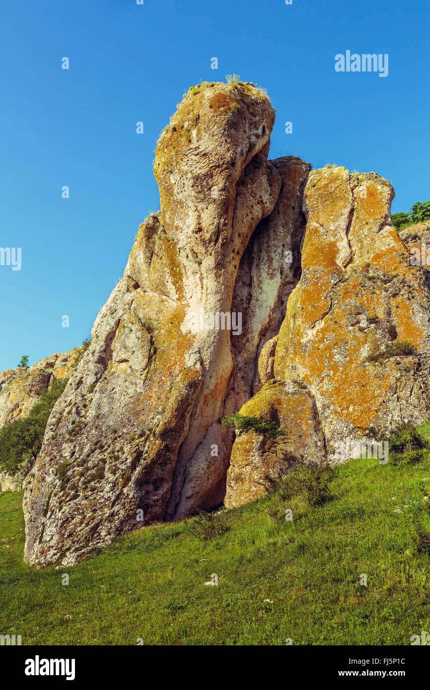 Mountain landscape with unique bizarre limestone rock formation, some ...