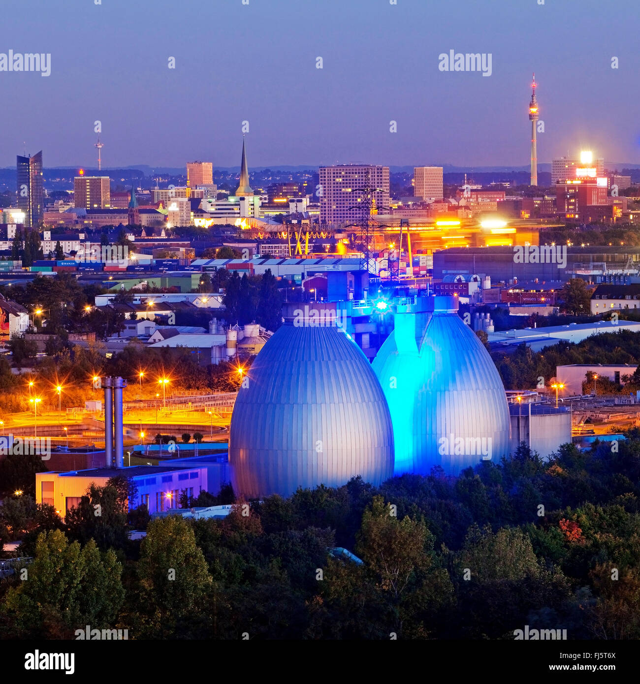 illuminated digestion tanks of sewage disposal plant Dortmund Deusen II ...
