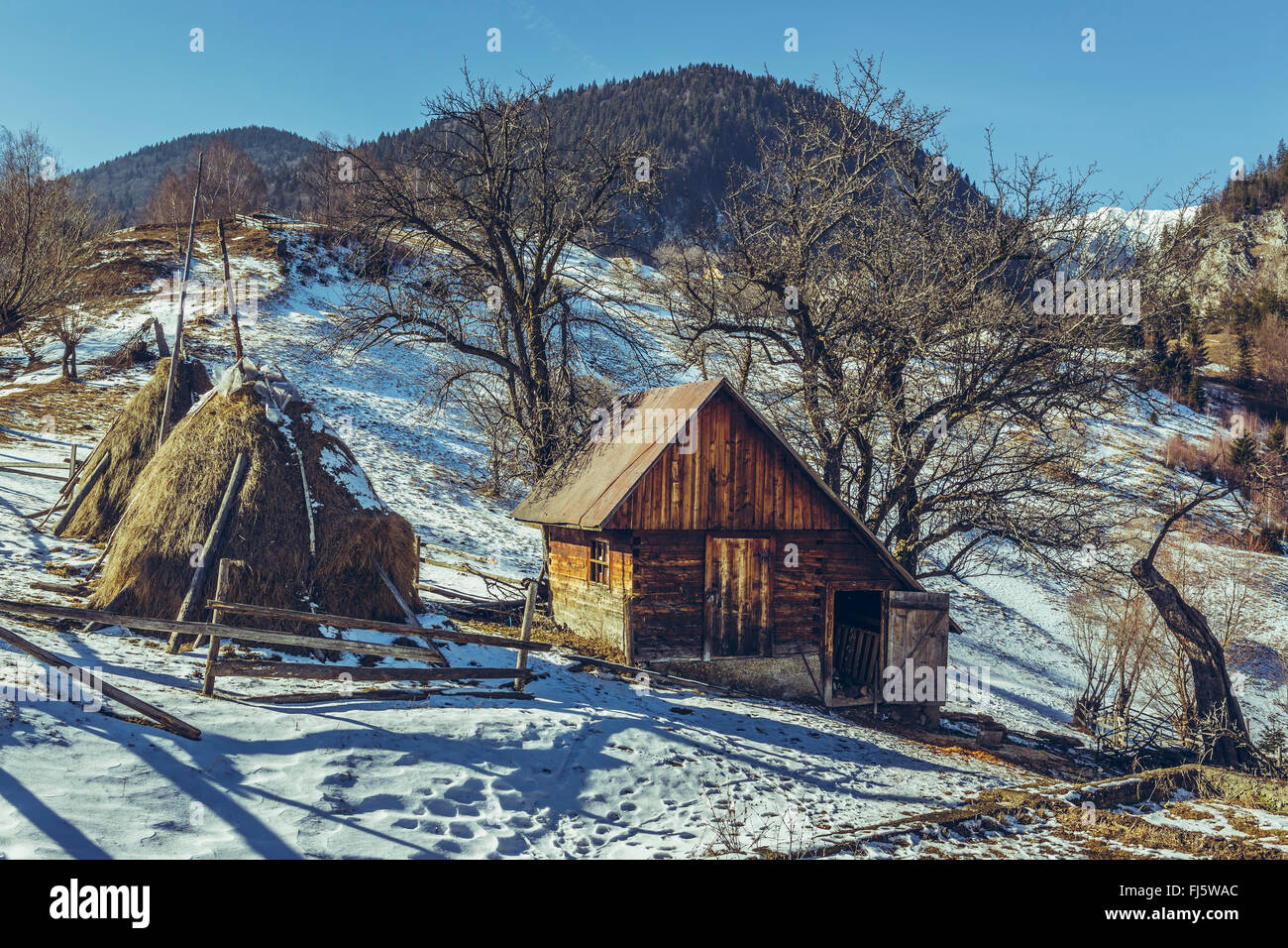 Rural scene with traditional Romanian wooden stable and haystacks, on a ...