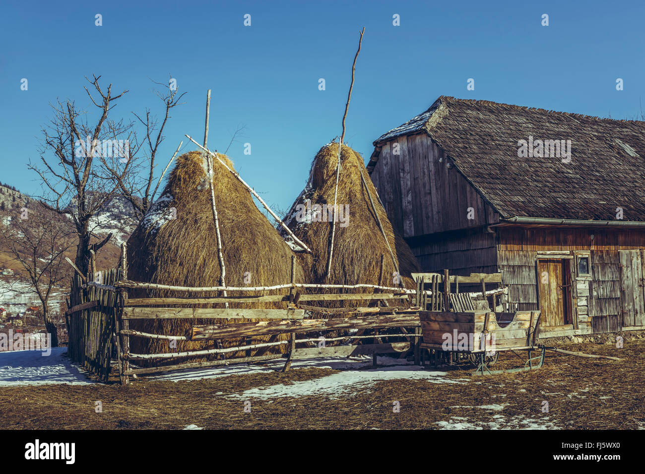 Spring rural scene with traditional Romanian farm with wooden barn ...