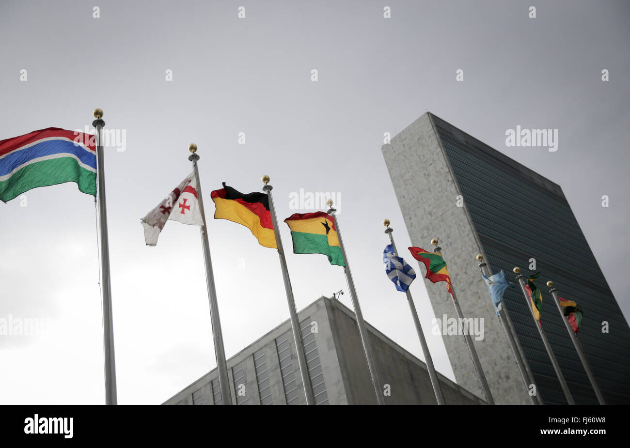 New York, US. 29th Feb, 2016. The German flag at the UN headquarters ...