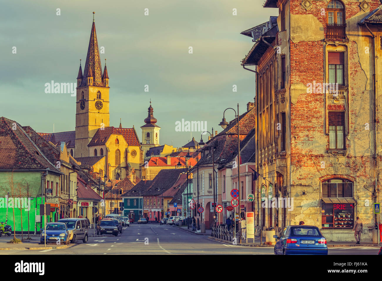 SIBIU, ROMANIA - 12 NOVEMBER, 2015: The Evangelic Church in the warm ...