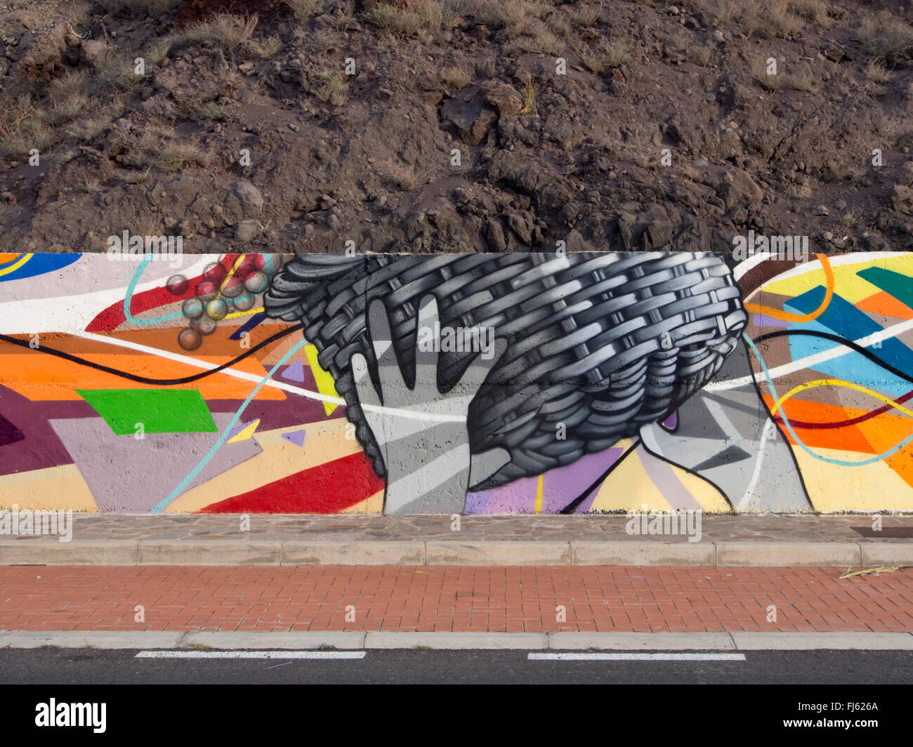 New colourful modern mural on the roadside in Puerto Santiago Canary ...