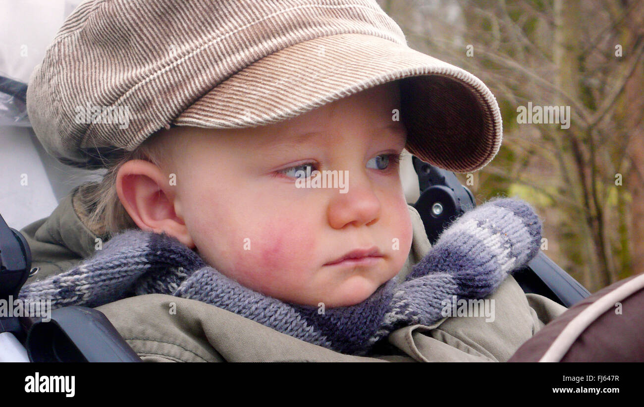 little boy with cap and scarf in a buggy, portrait, Germany Stock Photo ...