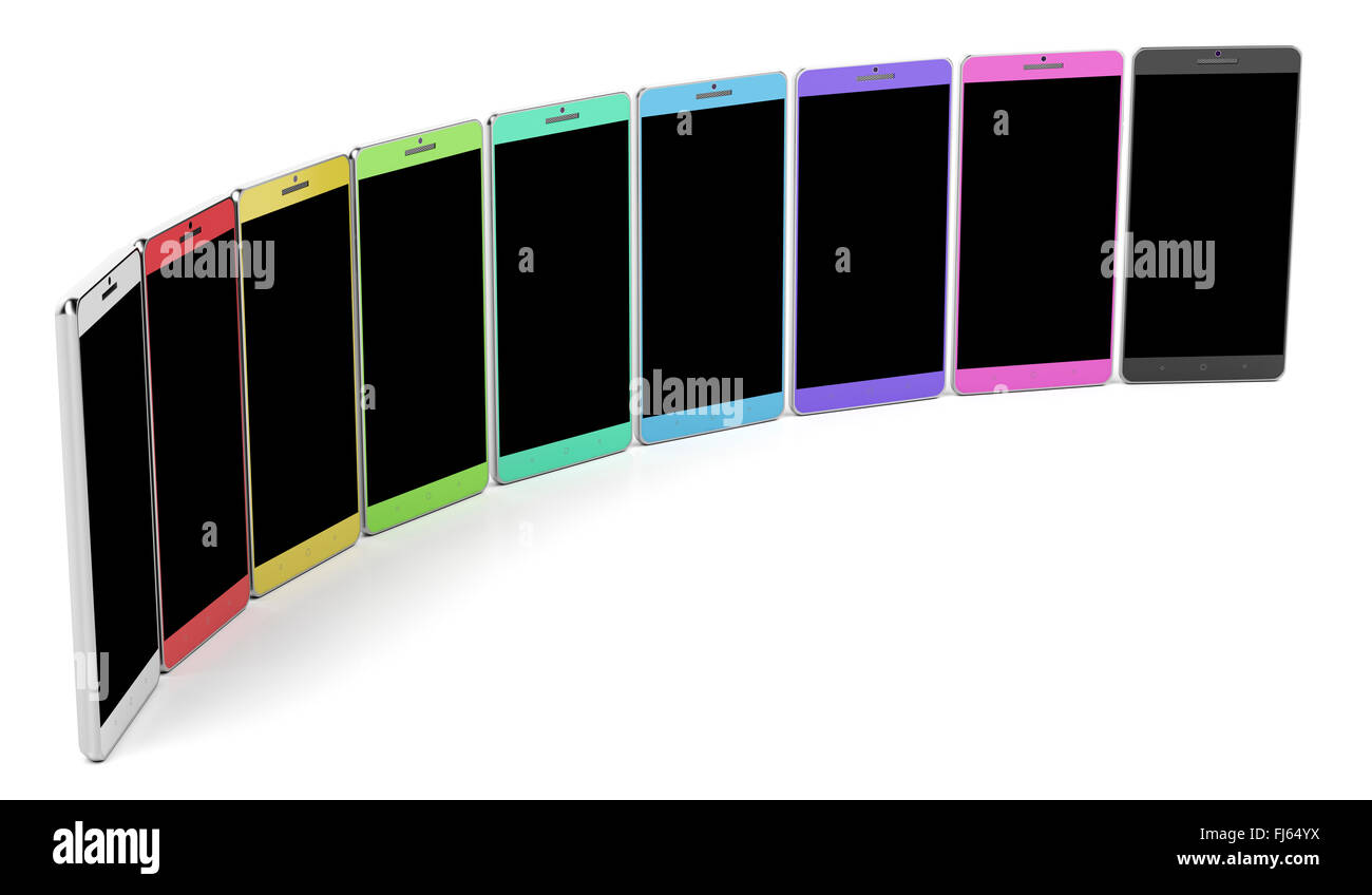 Group of smartphones with different colors on shiny white background ...