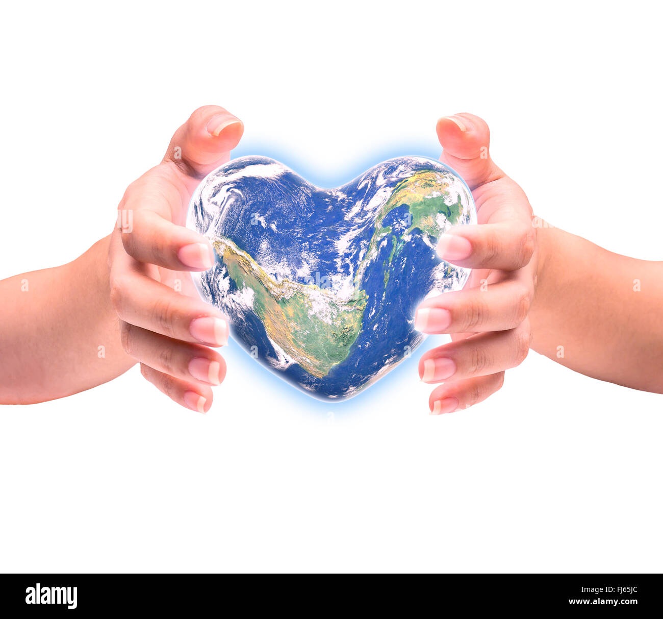 Blue planet in heart shape over woman human hands isolated on white ...