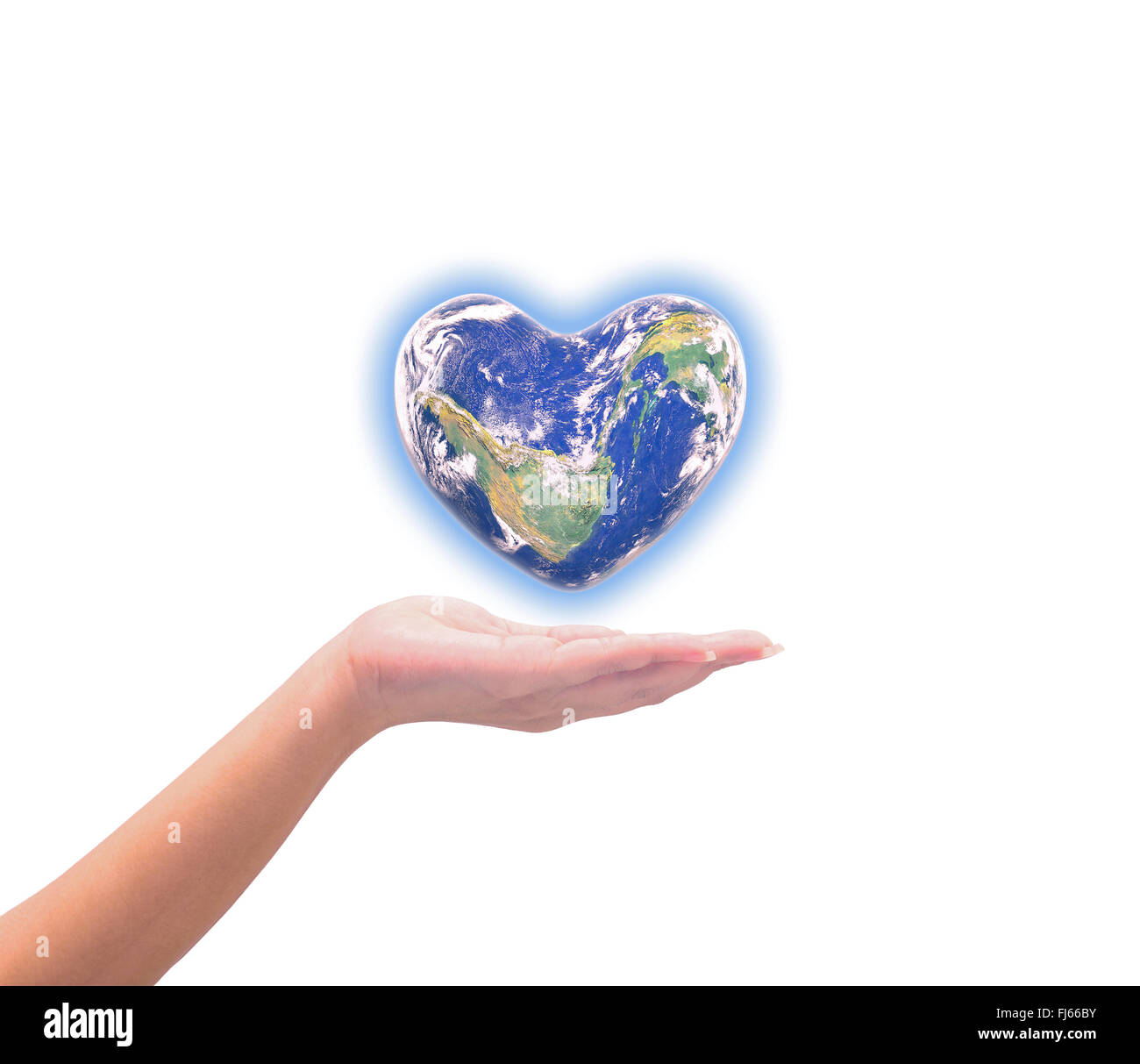 Blue planet in heart shape over woman human hands isolated on white ...