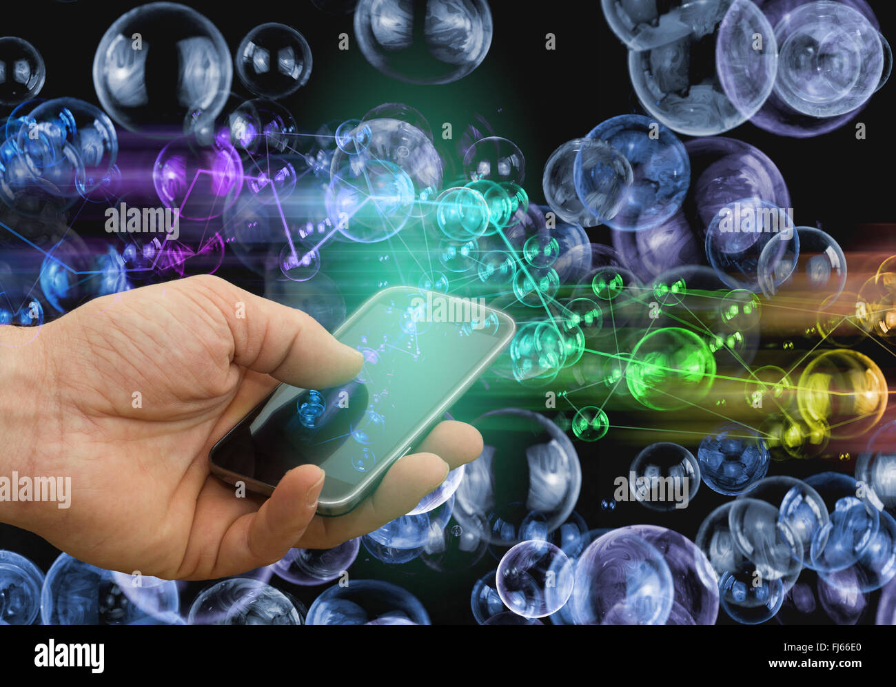 holding mobile phone, smart phone concept - colorful light effects over ...