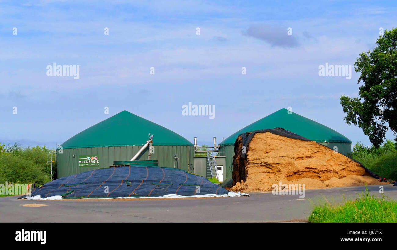 biogas plant with silage and biogas tanks, Germany, Lower Saxony ...