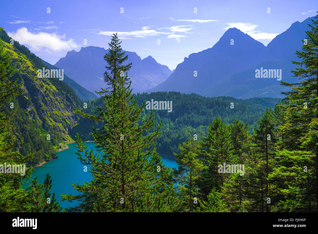 view from Fern Pass to mountain lake Blindsee with Wetterstein ...