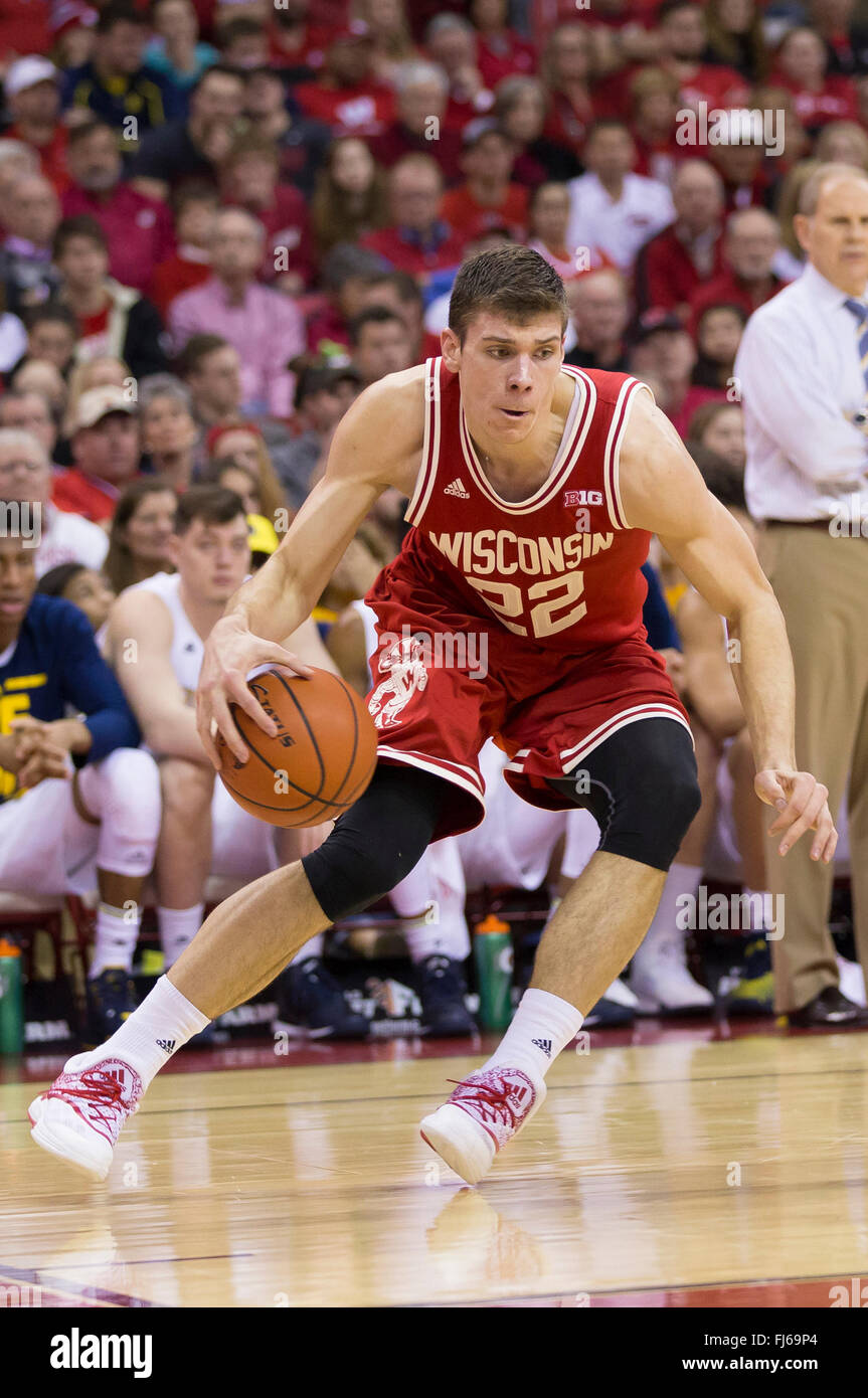 Madison, WI, USA. 28th Feb, 2016. Wisconsin Badgers forward Ethan Happ ...