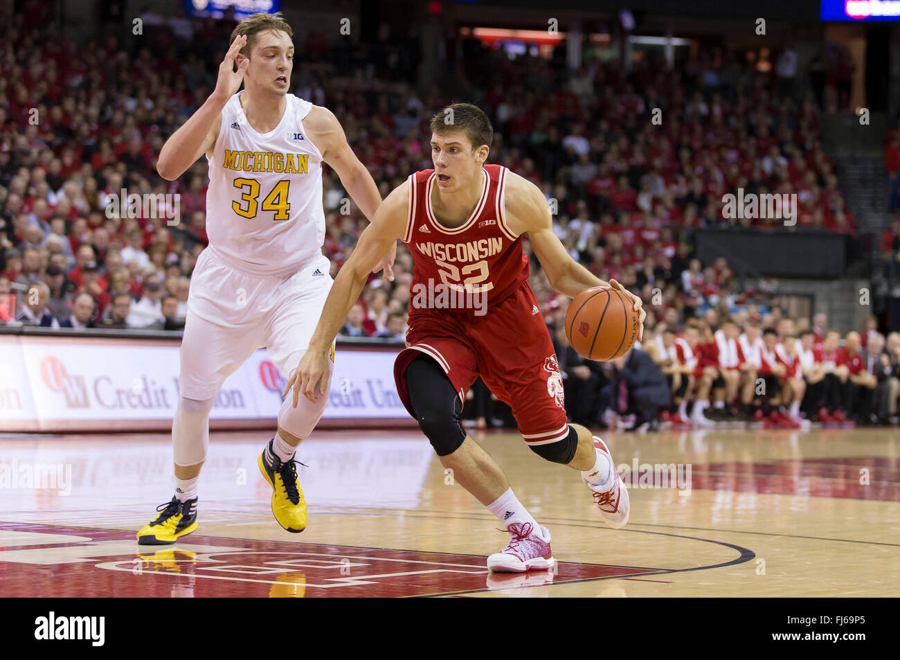 Madison, WI, USA. 28th Feb, 2016. Wisconsin Badgers forward Ethan Happ ...