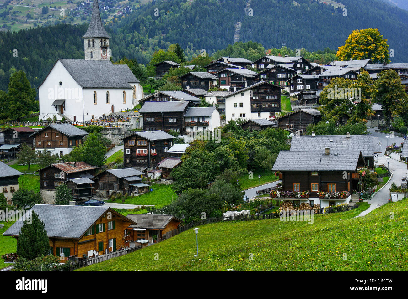 village center with church, Switzerland, Valais, Oberwallis, Ernen ...