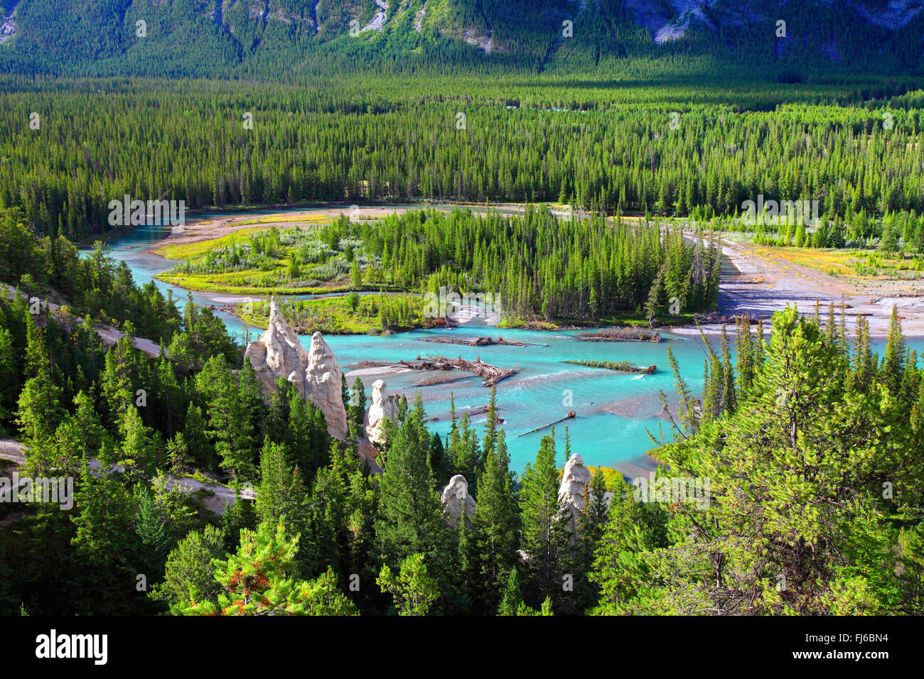 Bow River Valley, earth pillars next to River Banff, Canada, Alberta ...