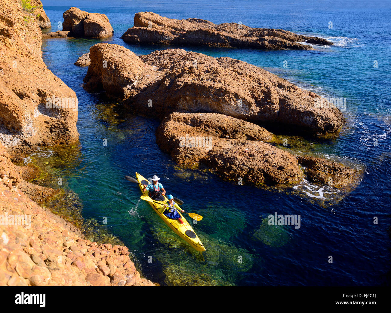 Sea kayak at rocky coast near Ciotat harbour, France, Calanques ...