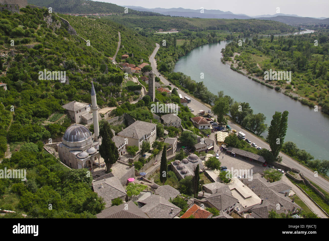 Pocitelj, mosque, river Neretva, walled town with Ottoman period houses ...