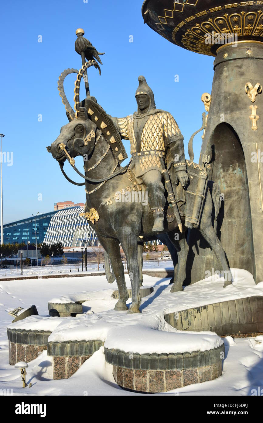 Statue featuring a historical Kazakh warrior, in the street of Astana ...
