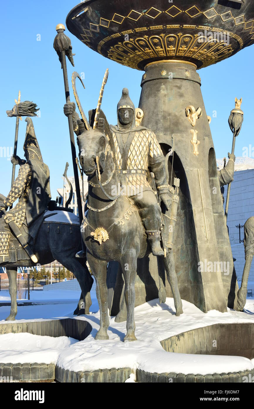 Statue featuring a historical Kazakh warrior, in the street of Astana ...