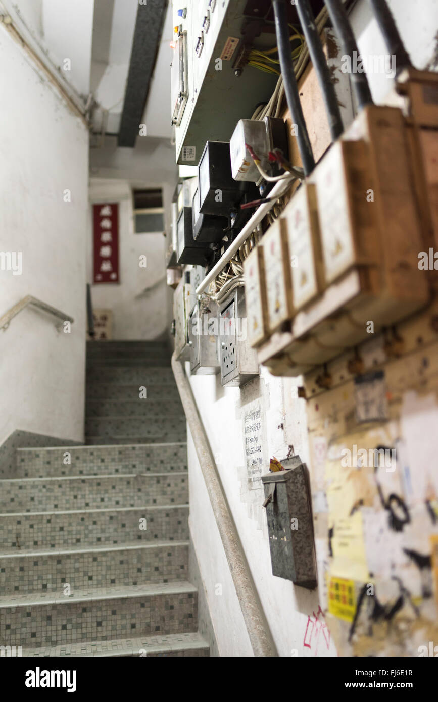 HONG KONG, CHINA - 24 FEB 2016: Stair of Tong Lau, tenement buildings ...