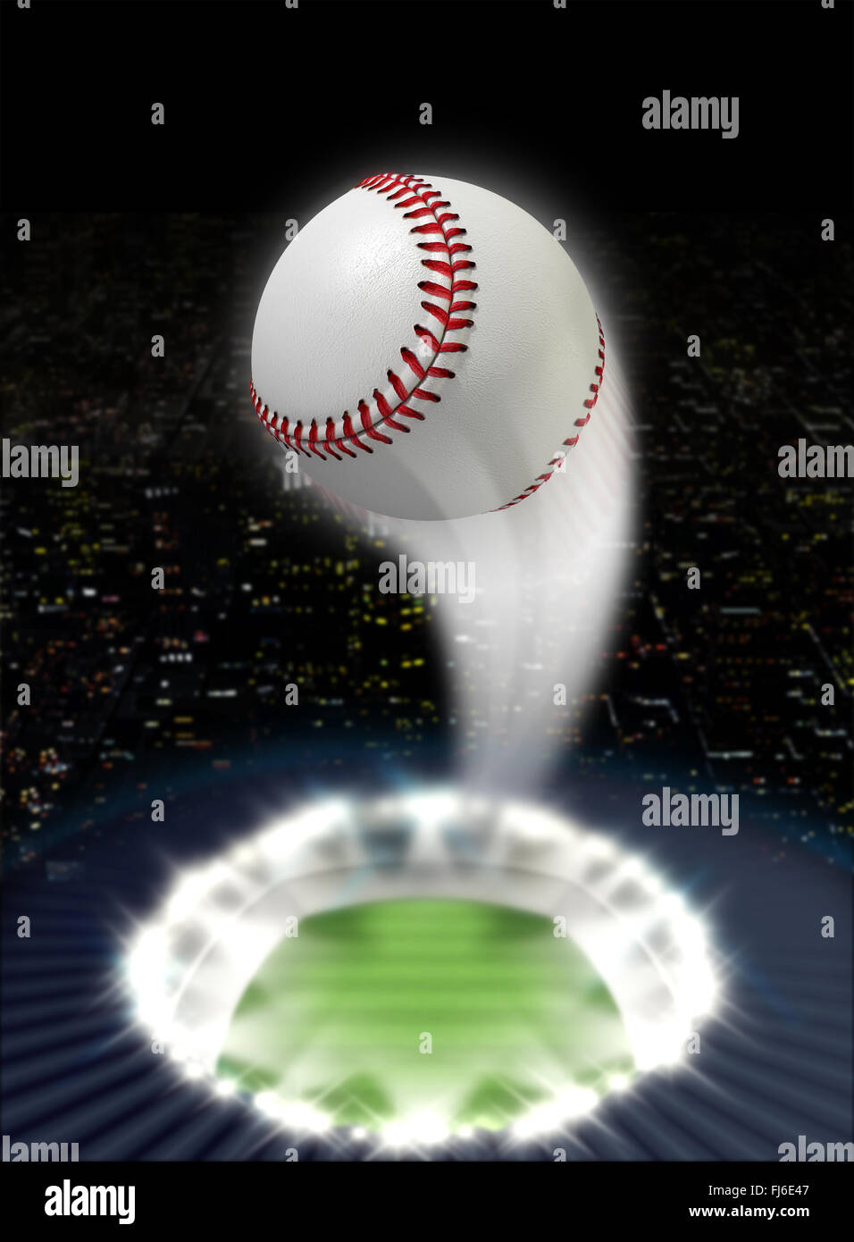 A baseball ball swooshing into the atmosphere from a stadium with a ...