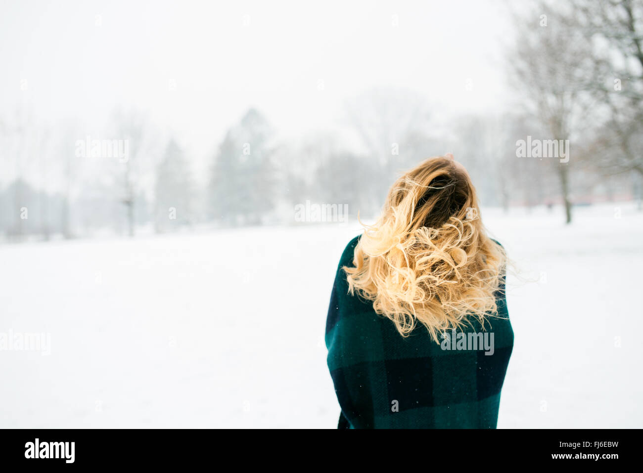 Blond woman throwing her hair, winter nature, back view Stock Photo - Alamy