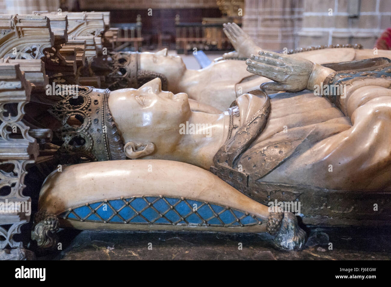 Heads of the alabaster tombs of Carlos III of Navarra and his wife ...