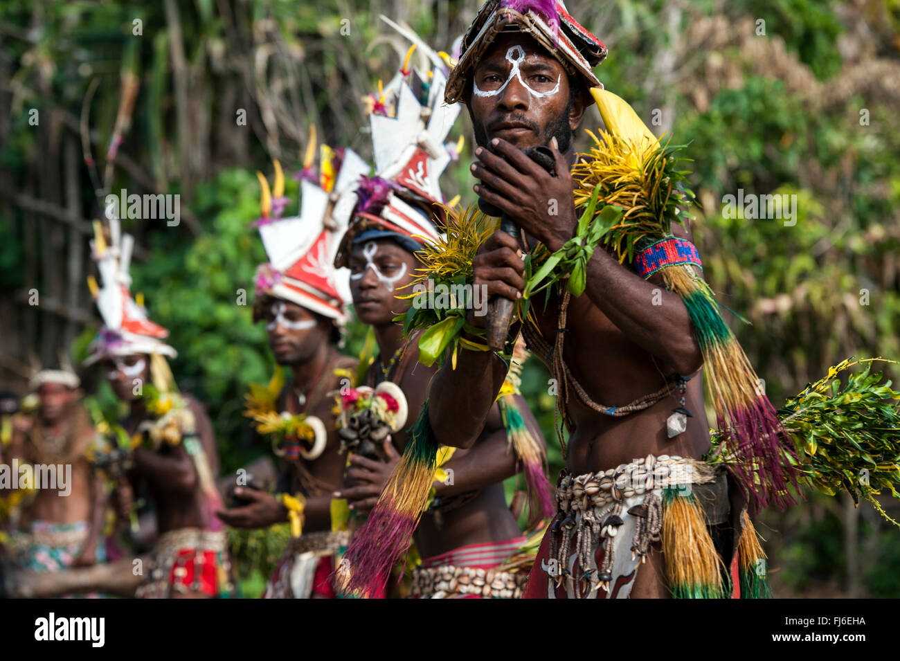 Local Dancers men performing a traditional dance Tuam Island, Papua New ...