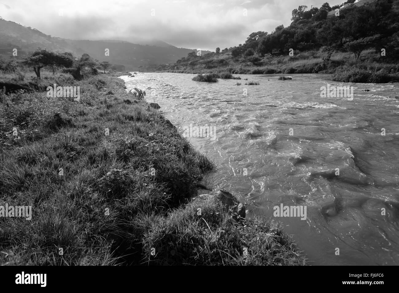 River rapids fast flowing rain water through hazy morning valley ... River rapids fast flowing rain water through hazy morning valley ...