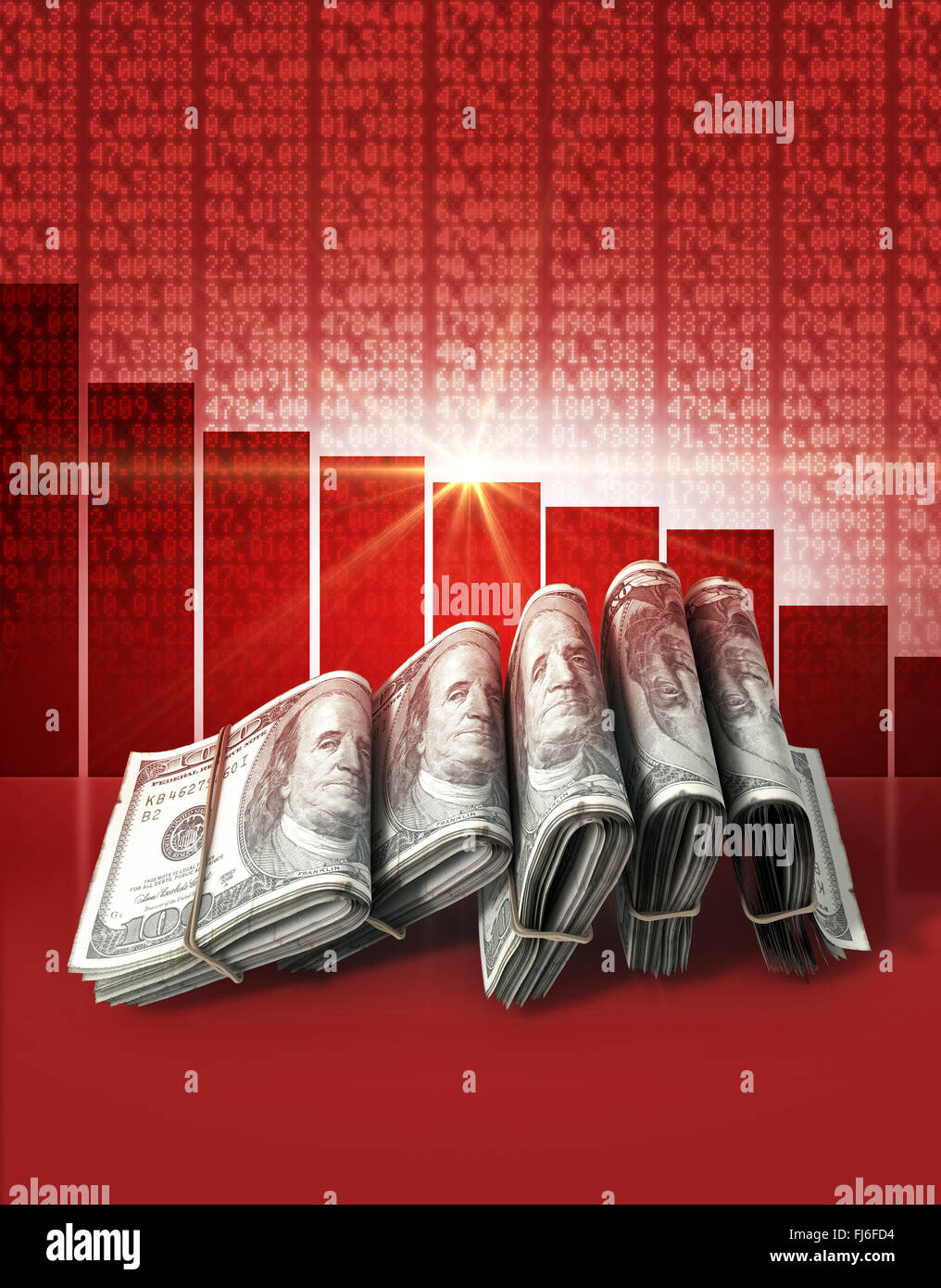 Wads of folded stacks of US dollar banknotes on a red digital stock ...