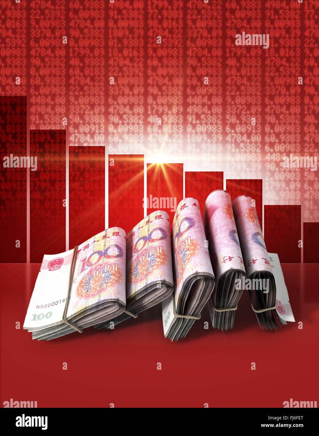 Wads of folded stacks of Chinese Yuan banknotes on a red digital stock ...