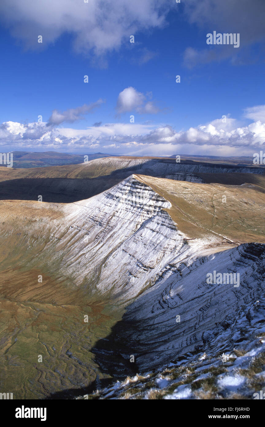 Cribyn in snow winter from summit of Pen y Fan Brecon Beacons National ...