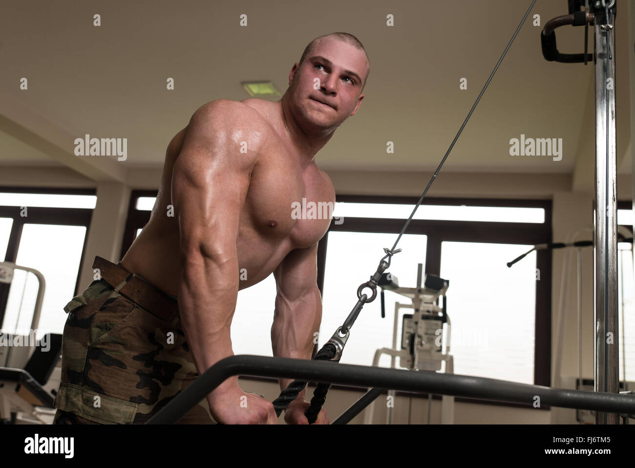 Muscular Man Doing Heavy Weight Exercise For Triceps On Machine In Gym ...