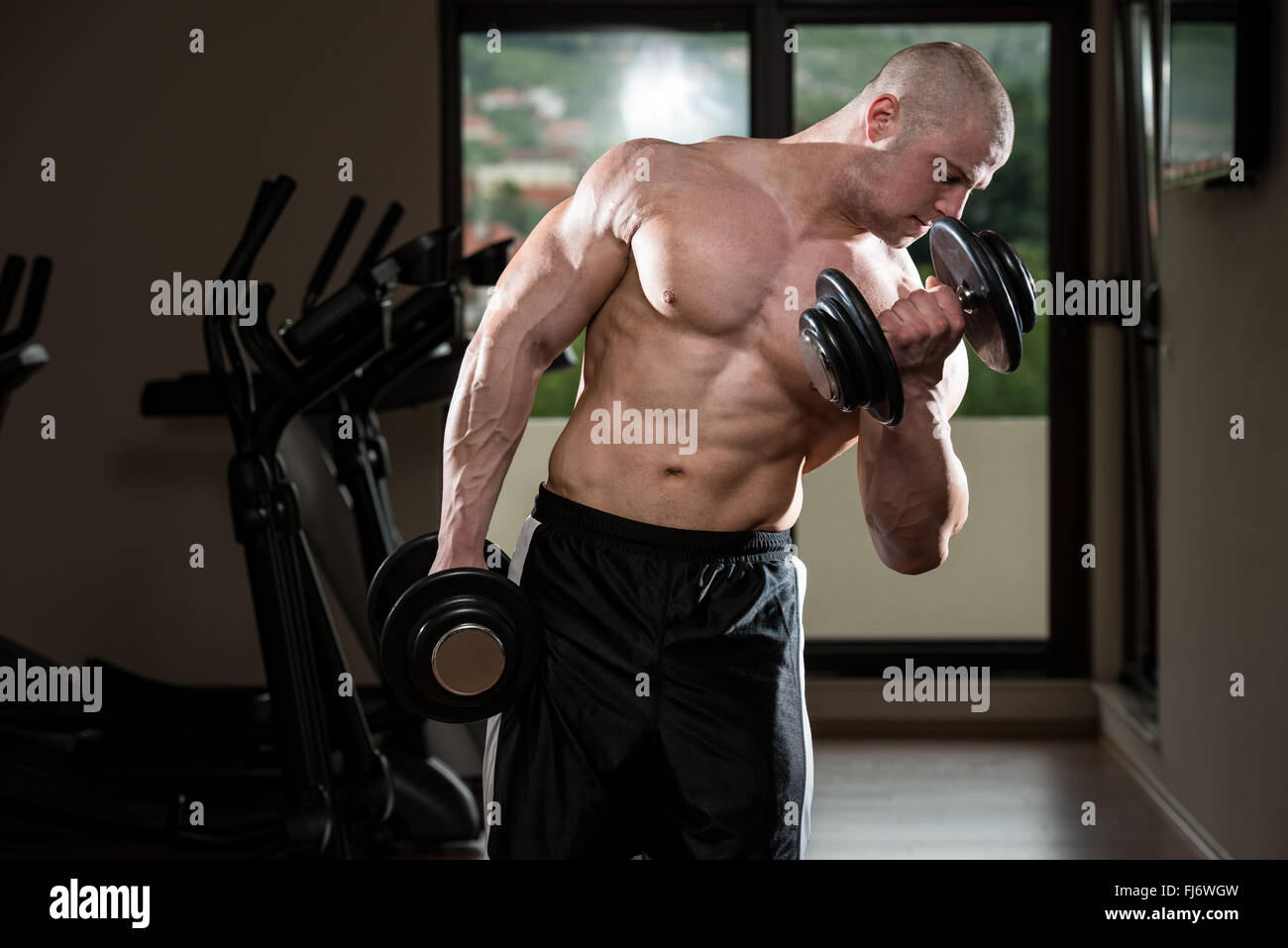 Bodybuilder Doing Heavy Weight Exercise For Biceps With Dumbbells In ...