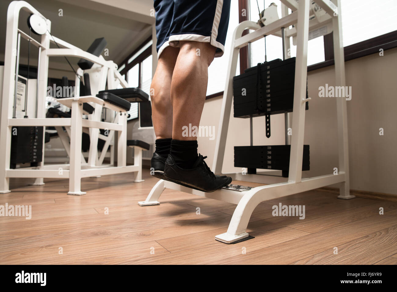 Bodybuilder Doing Heavy Weight Exercise For Legs Calves Stock Photo - Alamy