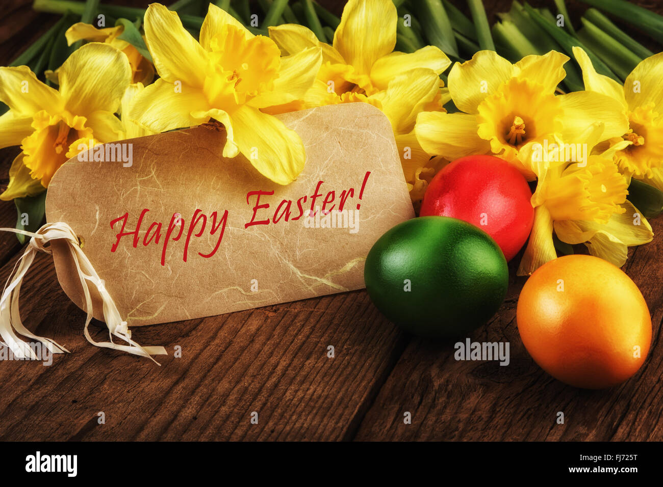 Happy Easter vintage card with yellow flowers sunlight effect Stock ...