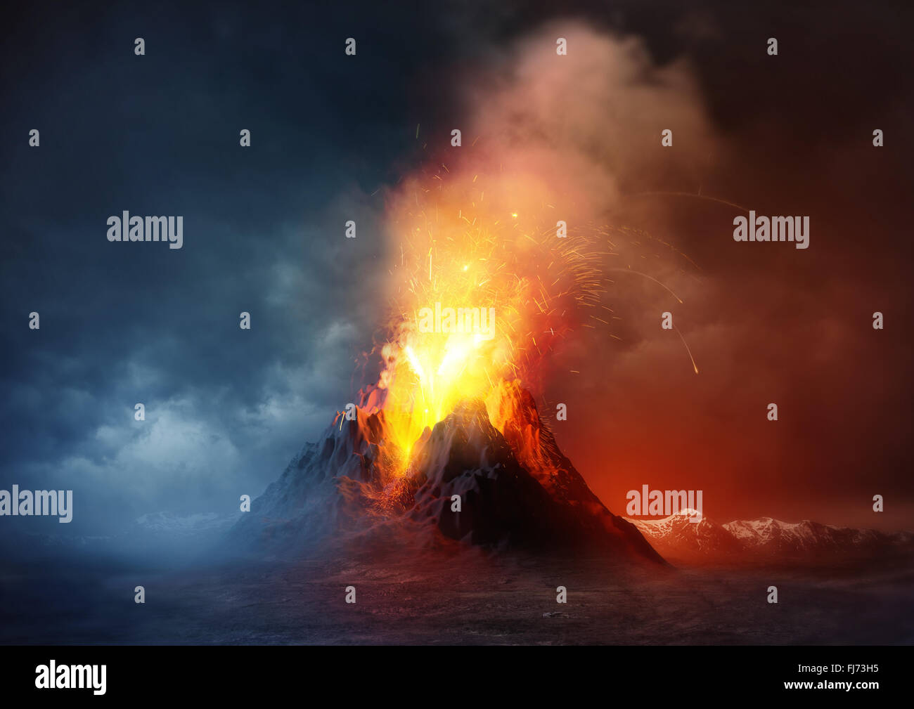 Volcano Eruption. A large volcano erupting hot lava and gases into the ...